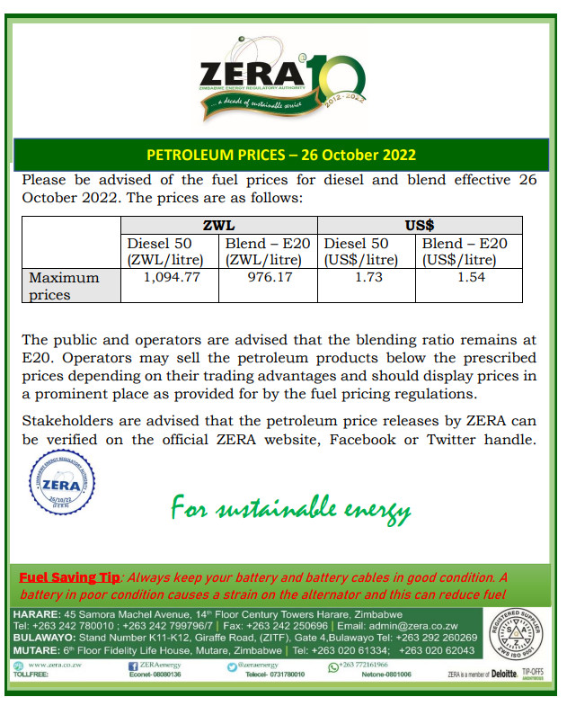 ZERA Price Announcement. Petrol price reduced by 2 cents